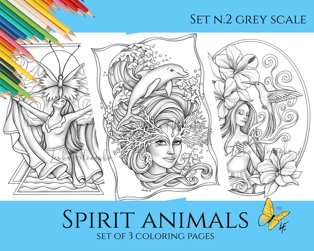 Set of 3 Grey Scale Coloring Pages, Butterfly, Dolphin, Hummingbird ...