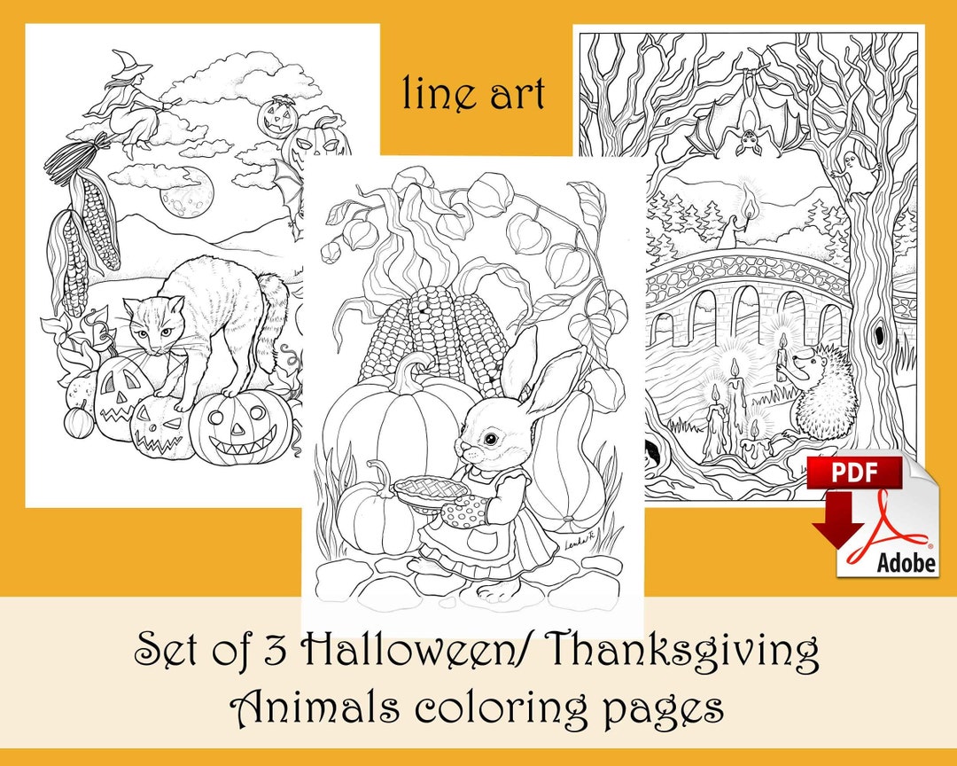 Set of 3 Halloween/ Thanksgiving Animal Coloring Pages LINE ART - PDF ...
