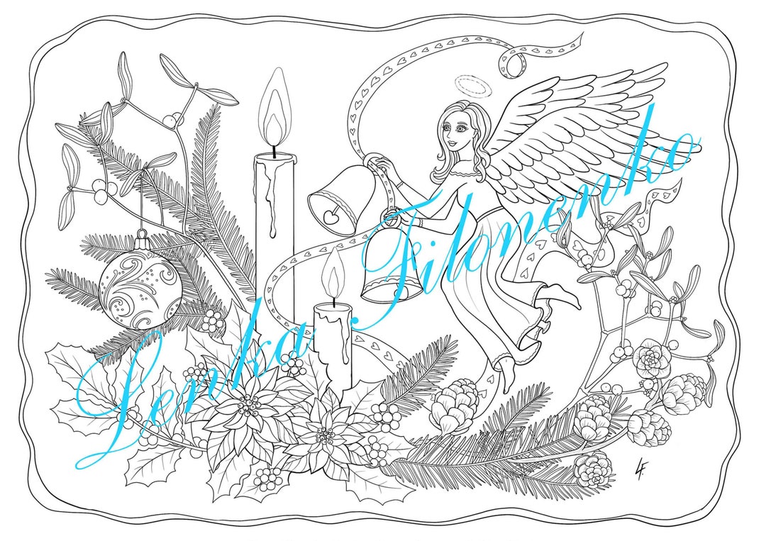 Christmas Coloring Page, Angel With Christmas Candle and Decoration of ...