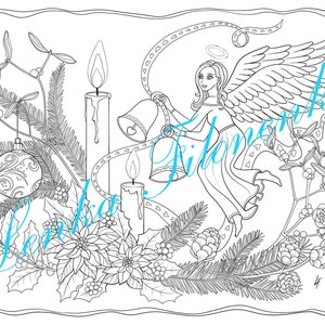 Christmas Coloring Page, Angel With Christmas Candle and Decoration of ...