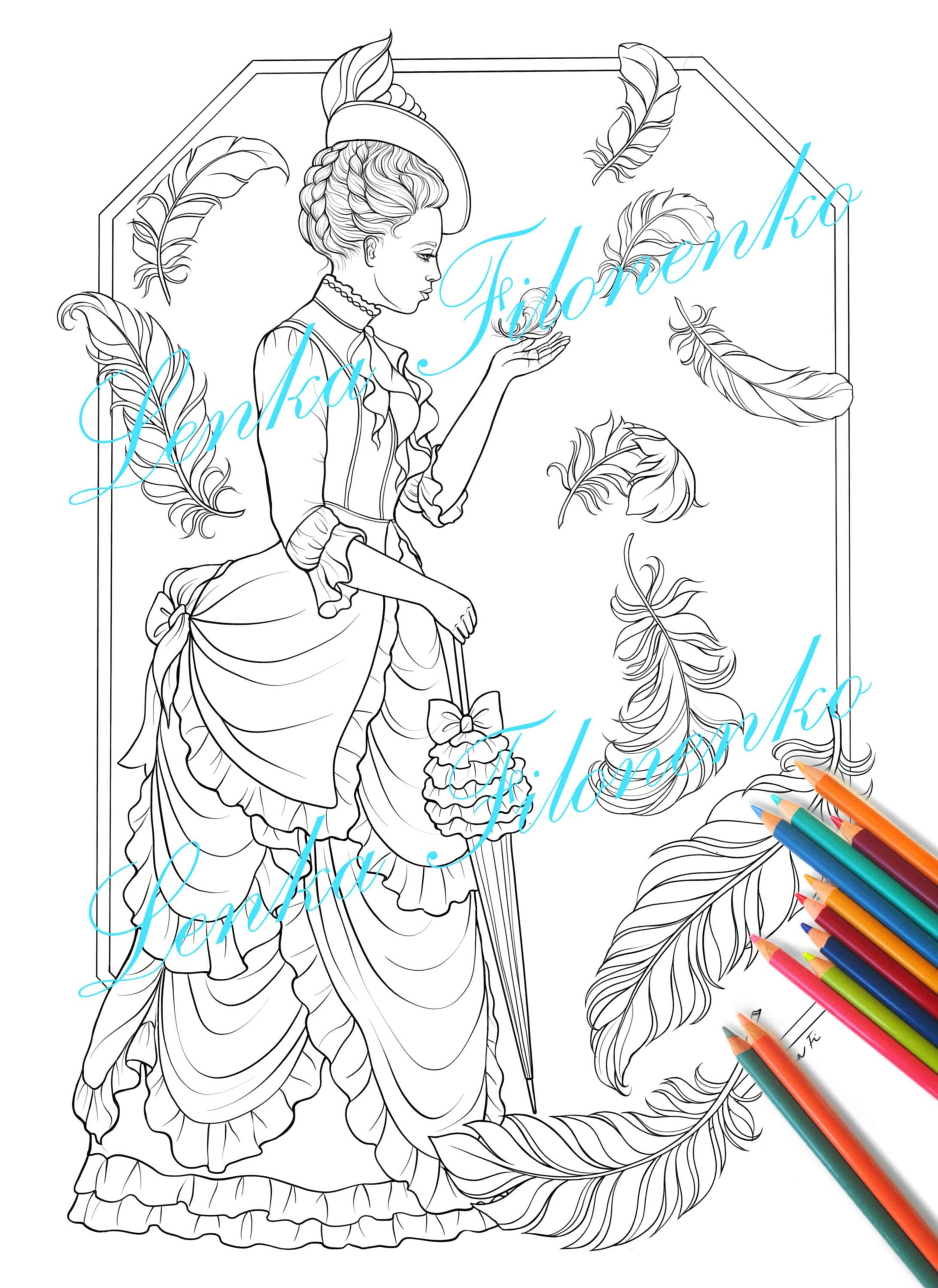 Coloring Lady with Horse Victorian lady Line art PDF download and print ...