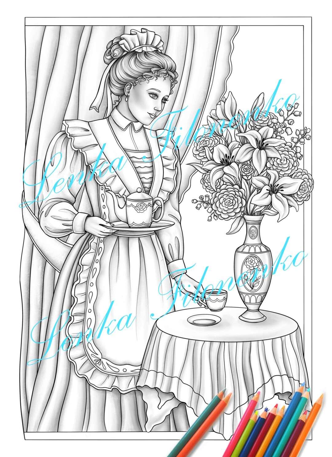 Coloring Page for Adults, Victorian Lady Grey Scale, Victorian Maid ...