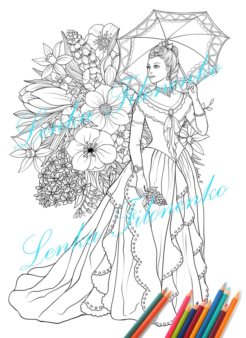 Coloring page for adults Victorian lady Line art Lady with | Etsy