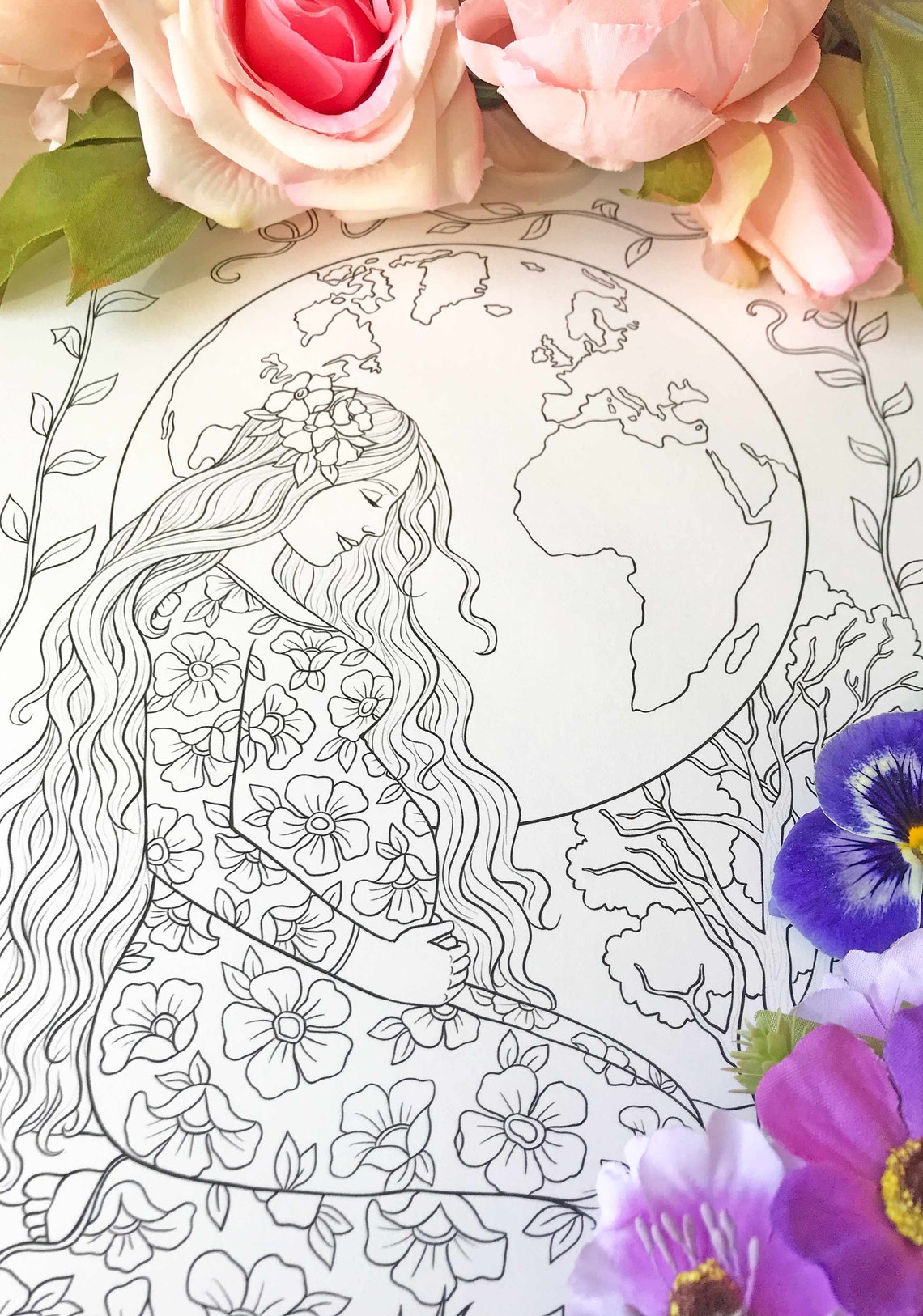 Coloring Page for Adults Mother Earth Pregnant Woman Line - Etsy