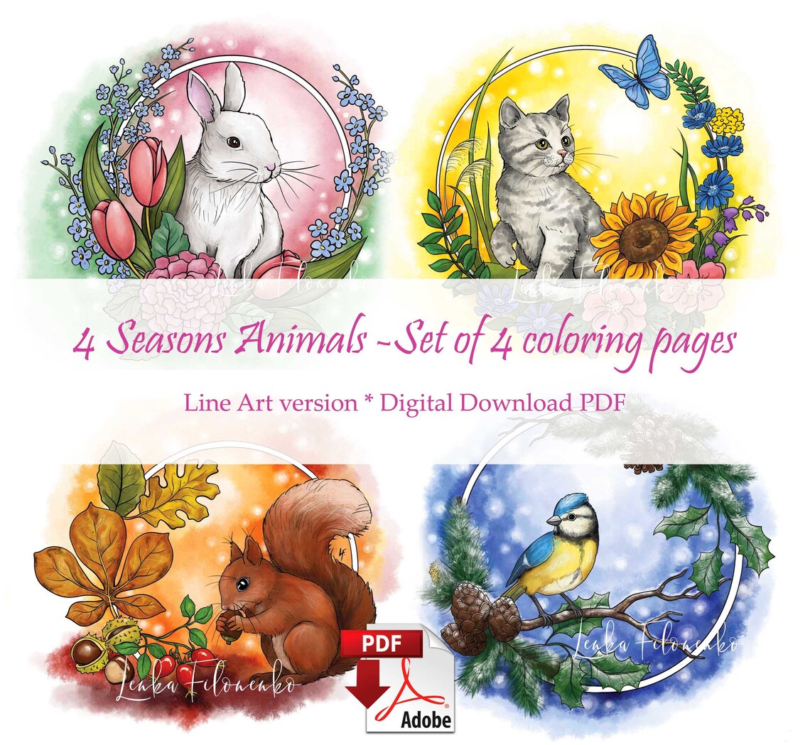 Set of 4 Coloring Pages Line Art Four Seasons Cute - Etsy