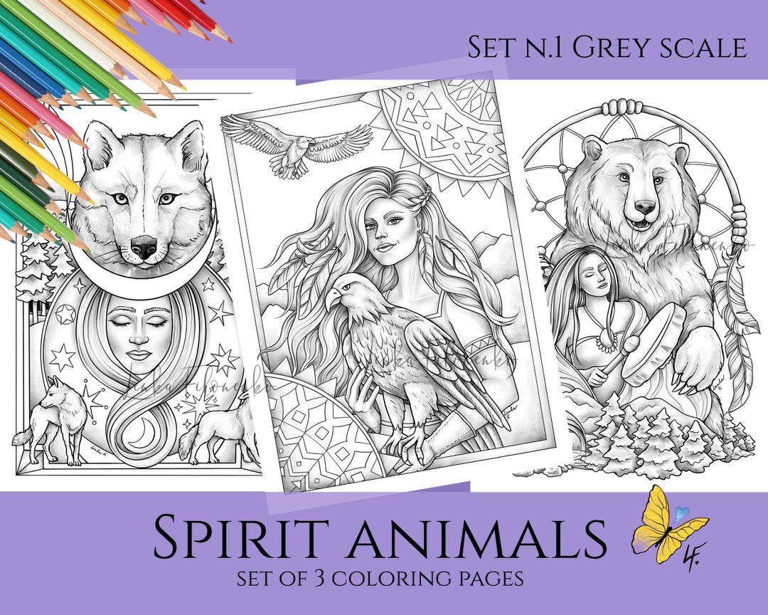 Set of 3 Grey Scale Coloring Pages Wolf Bear Eagle PDF - Etsy
