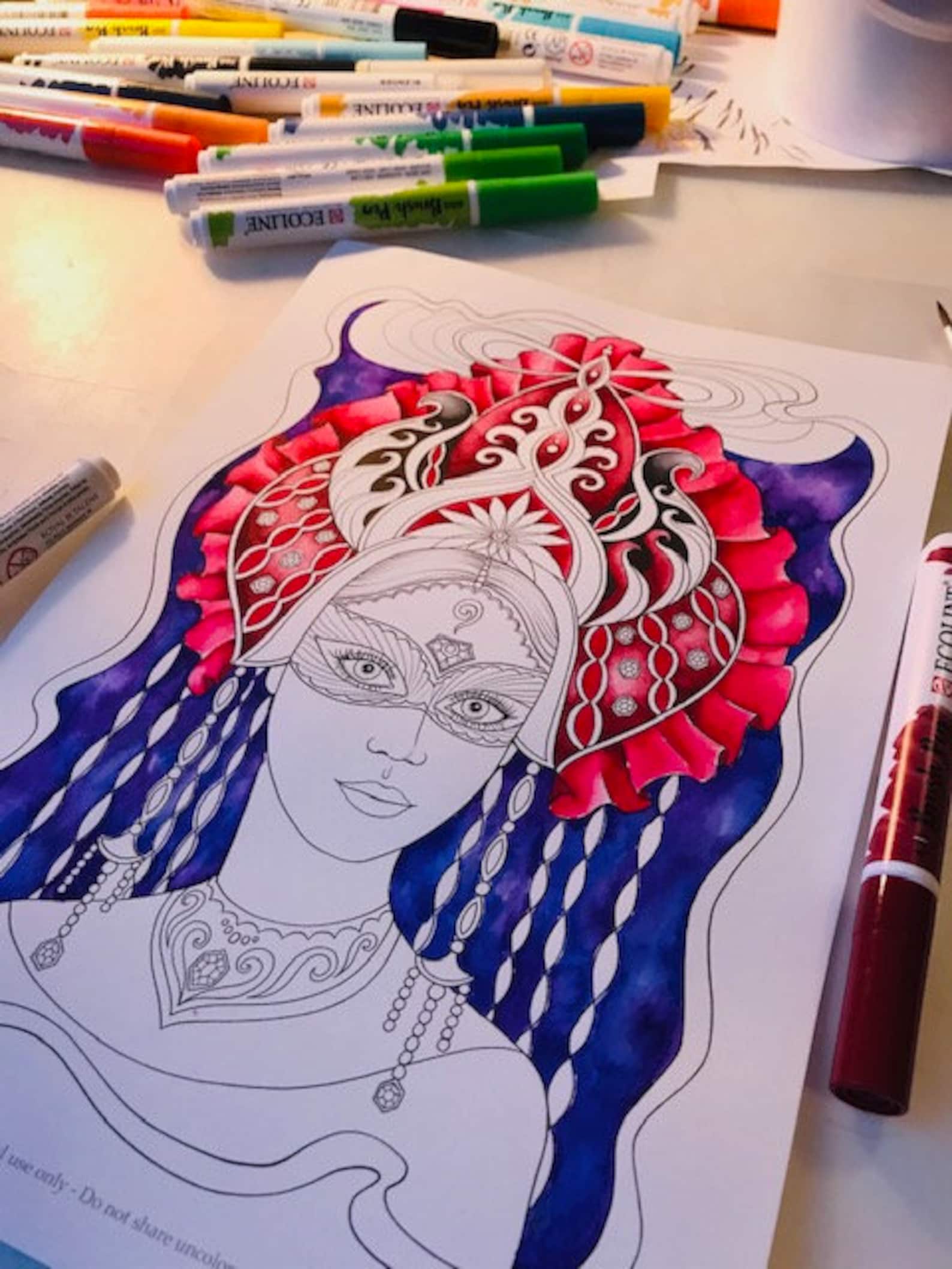 Coloring Page for Adults Lady Infinity With a Mask Line | Etsy