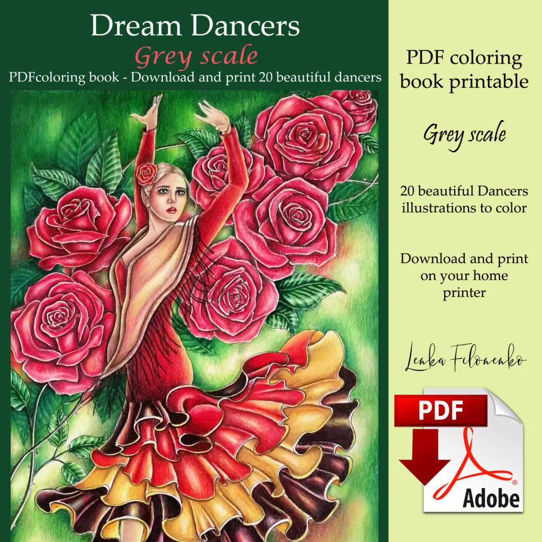 Dream Dancers GREYSCALE Pdf Adult Coloring Book Download and Print 21 ...