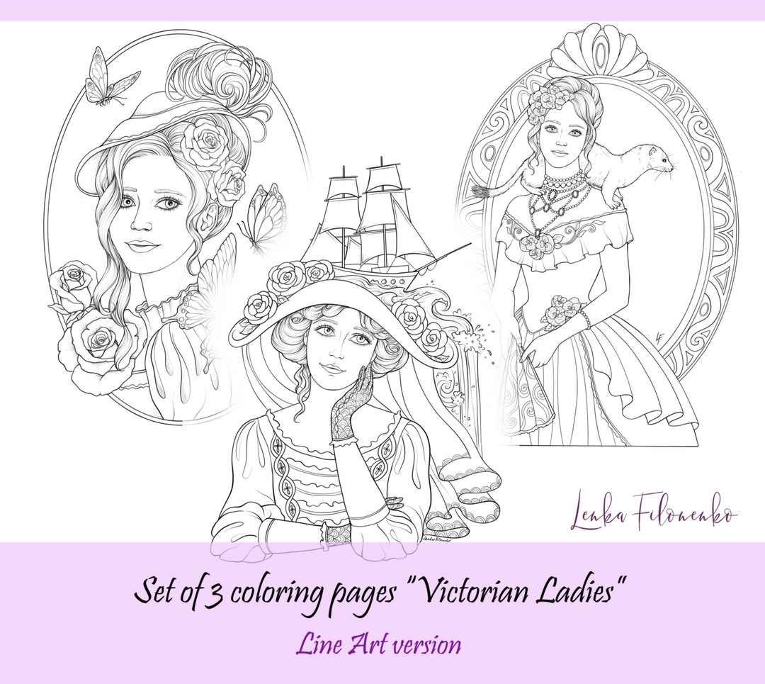 Victorian Ladies Coloring Pages: Set of 3 Line Art (PDF Download) - Etsy