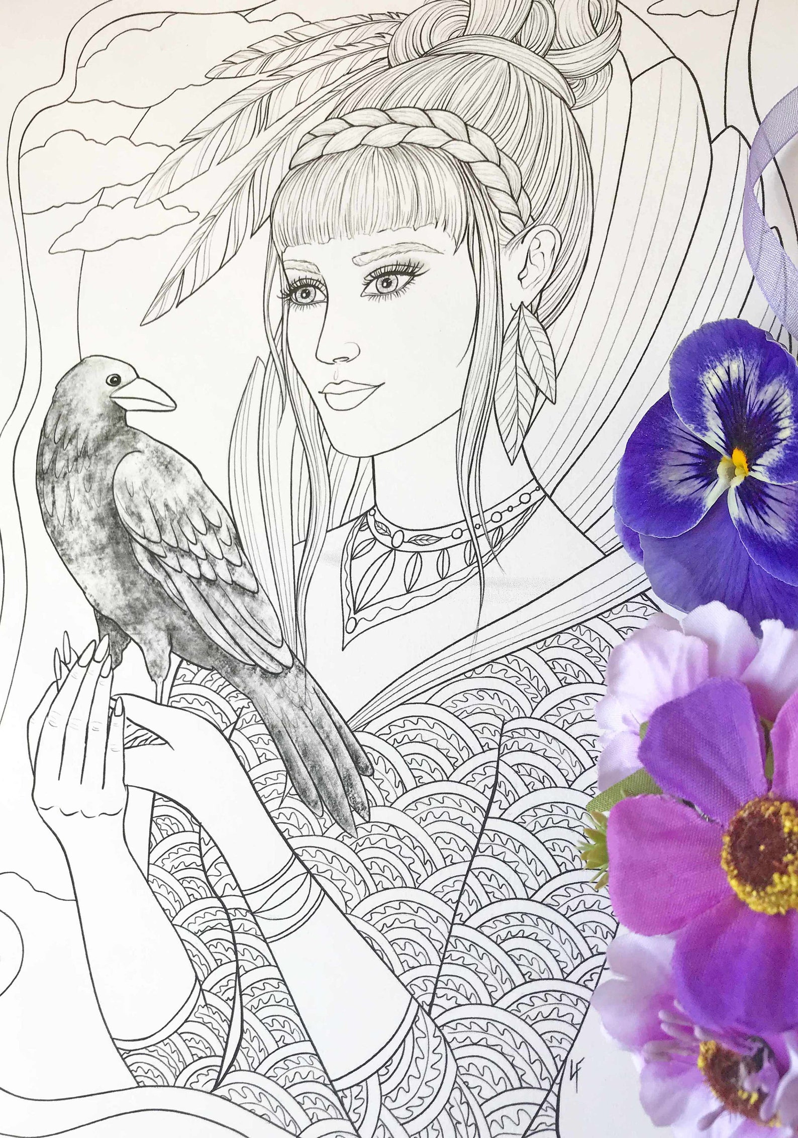 Coloring Page for Adults Raven Lady With Feathers Line Art - Etsy