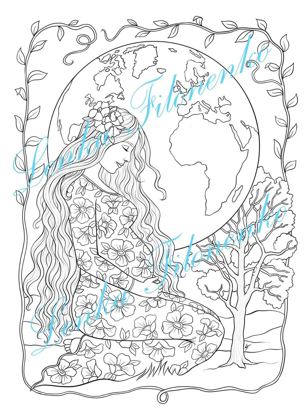Coloring Page for Adults, Mother Earth Pregnant Woman - Line Art, PDF ...