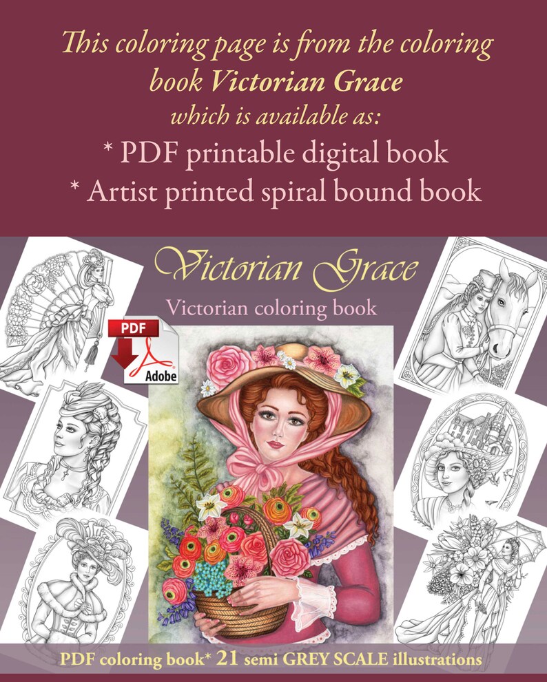Victorian Lady Coloring Page: Grayscale Art (PDF Download) - Etsy
