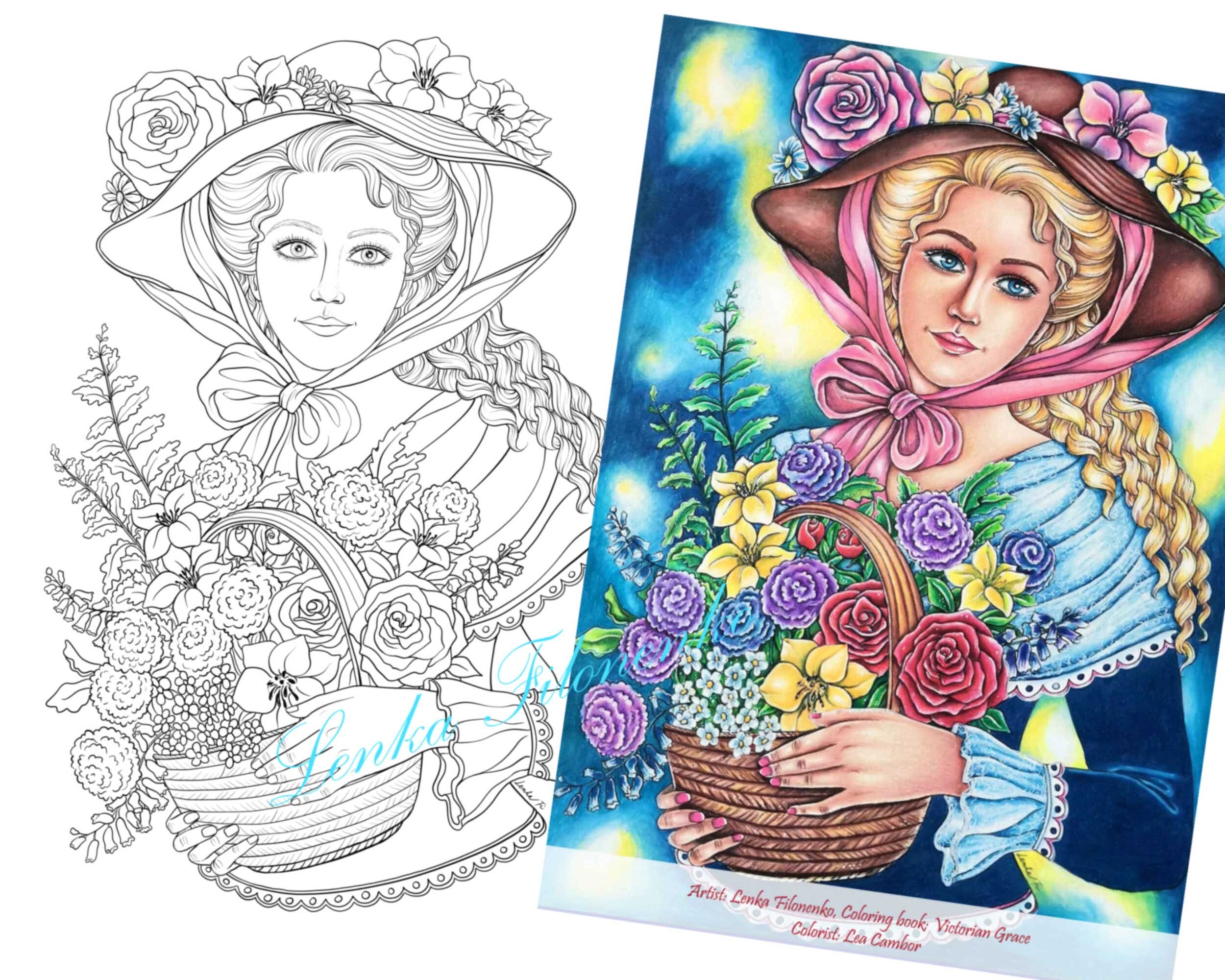 PDF download and print Lady with Basket of flowers Coloring for adults ...