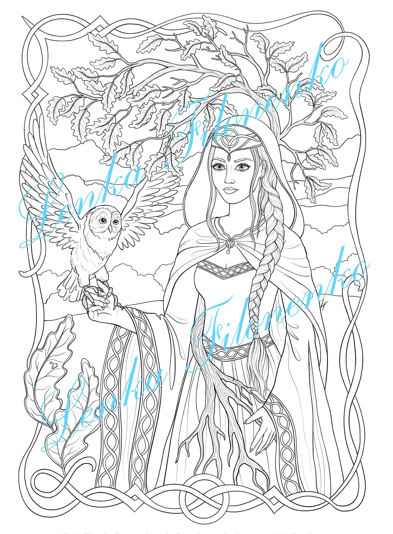 Coloring Page for Adults Celtic Druid Lady With Owl Line - Etsy