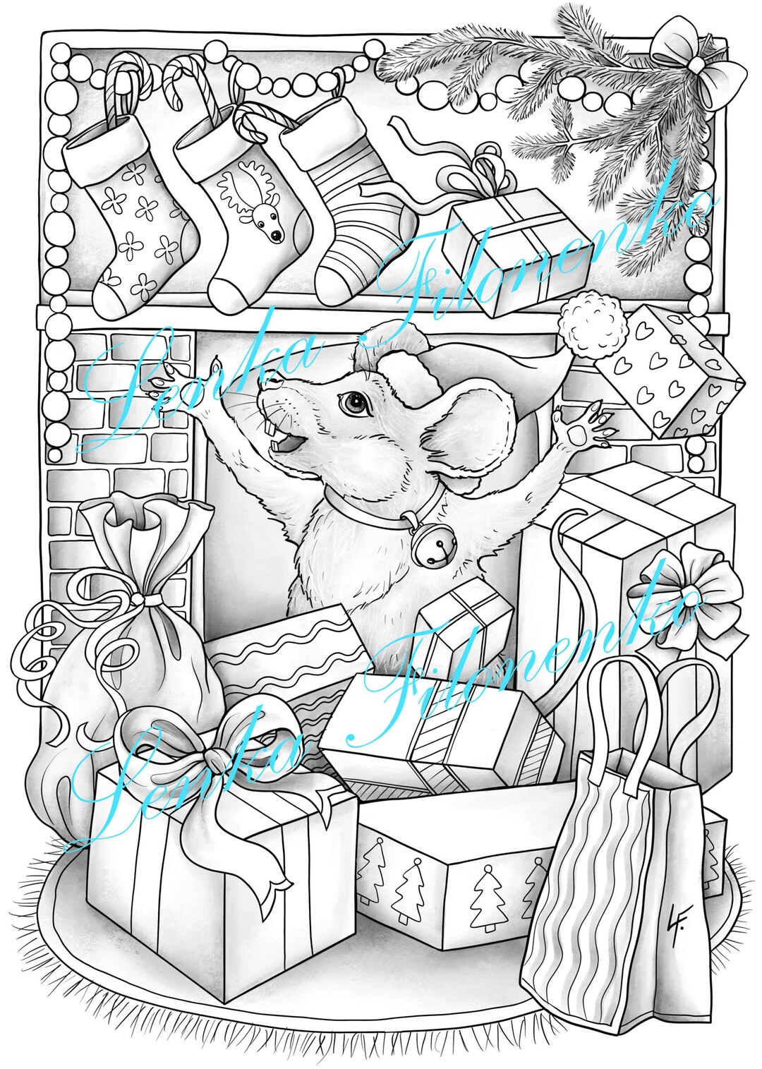 Christmas Coloring Page Mouse and Presents, Grey Scale PDF Download ...