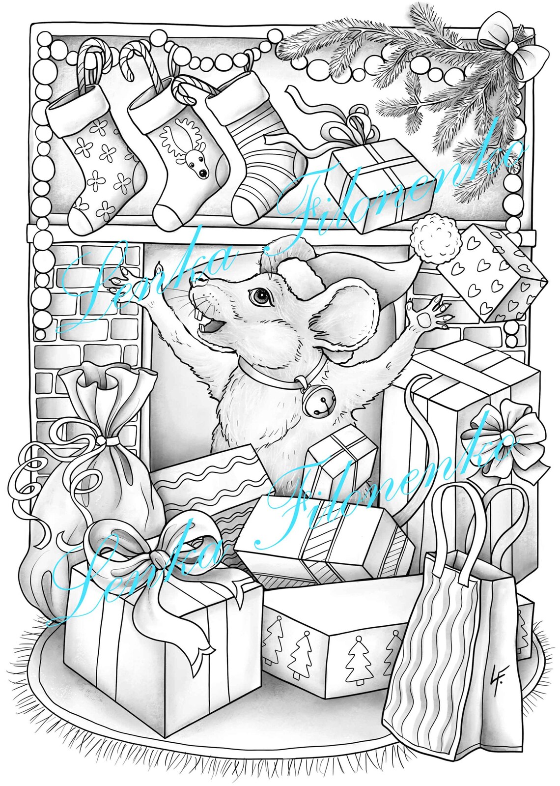 Christmas Coloring Page Mouse and Presents Grey Scale PDF | Etsy
