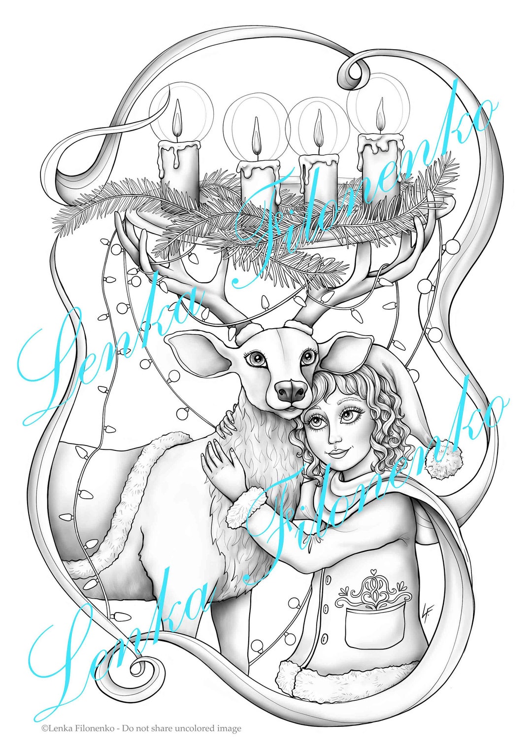 Coloring Page for Adults, Christmas Girl With Deer, Grey Scale PDF ...