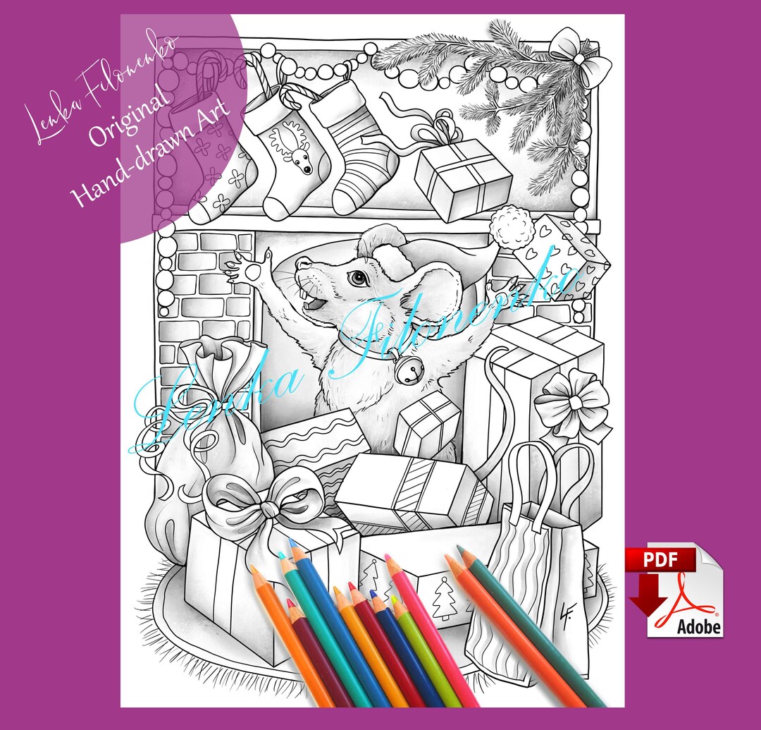 Christmas Coloring Page Mouse and Presents, Grey Scale PDF Download ...