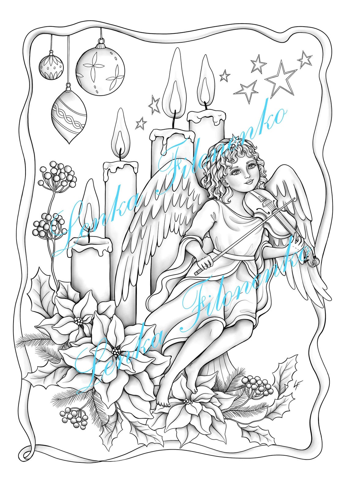 Coloring Page for Adults Christmas Vintage Angel With Violin | Etsy
