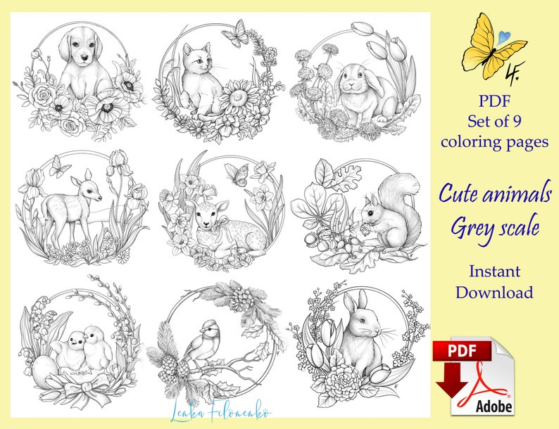 BIG SET Cute Animals Grey Scale - 9 Coloring Pages, PDF Download and ...