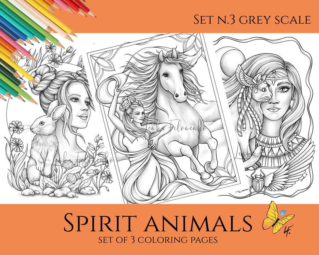 Set of 3 Grey Scale Coloring Pages, Rabbit, Horse, Cat PDF Download and ...