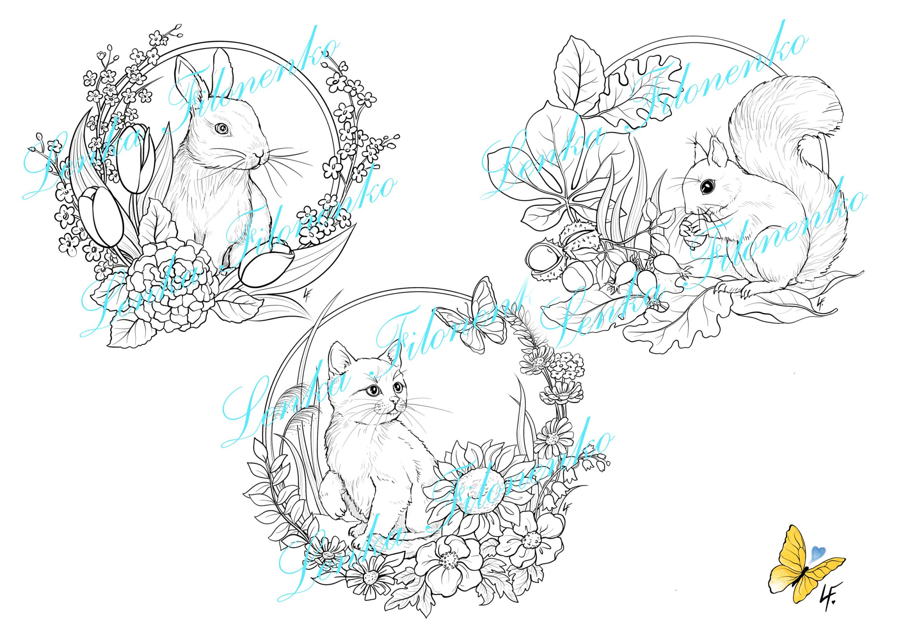 Animals Line Art Coloring Pages - Set of 9 (PDF Download, Hand Drawn ...