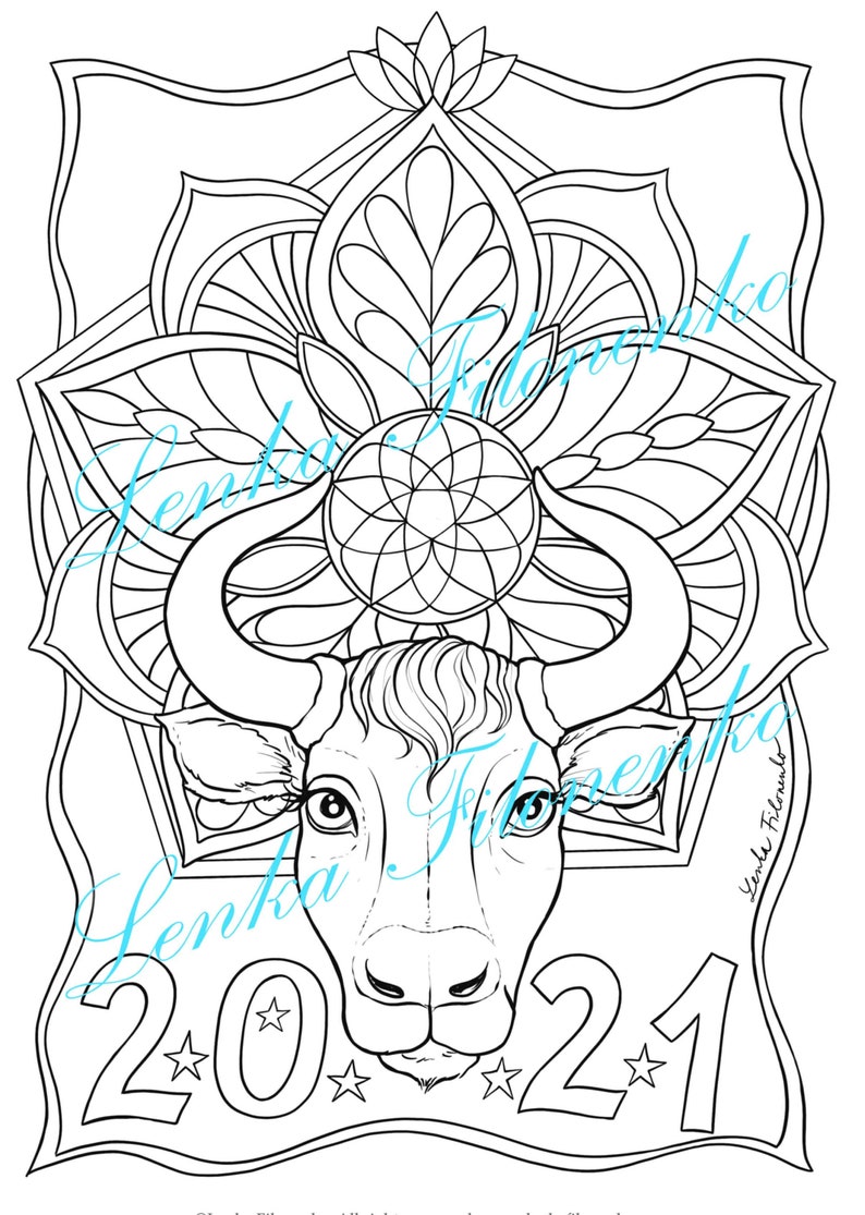 Coloring Page for Adults 2021 Chinese Year of Ox PDF | Etsy