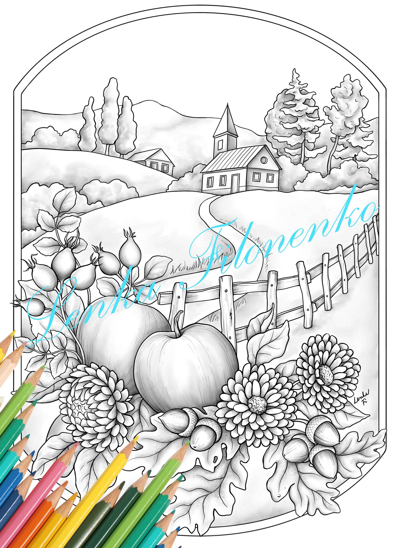 Autumn Fall Coloring page for adults GREY SCALE PDF download | Etsy