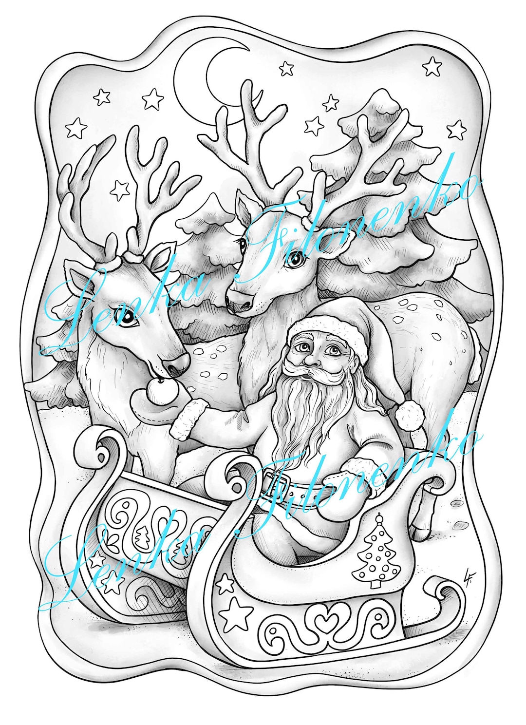 Coloring Page for Adults, Christmas Santa and Reindeers, Grey Scale PDF ...