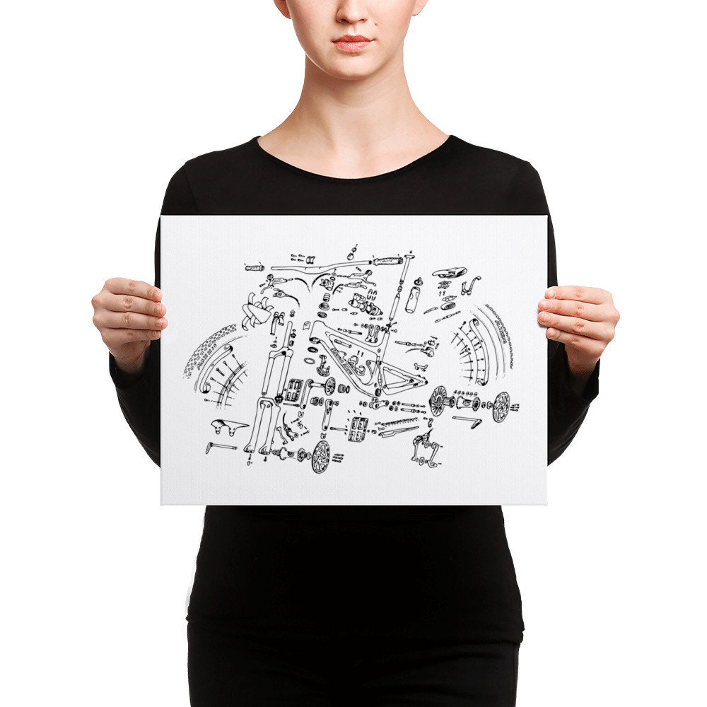 Mountain Bike Parts Blueprint (black on White Canvas) - Etsy