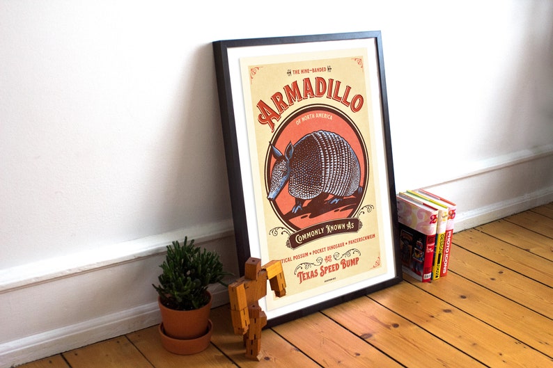 Retro Style Humorous Armadillo Poster - Nine-banded Armadillo Print ...