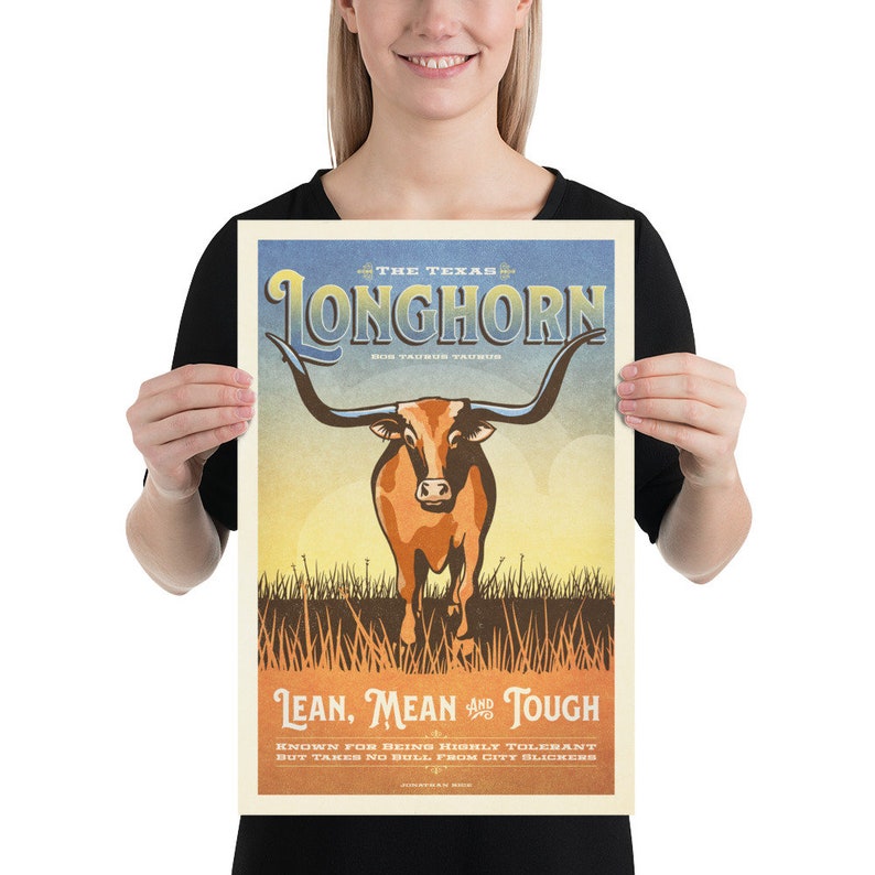 Retro Style Humorous Texas Longhorn Poster Texas Longhorn | Etsy