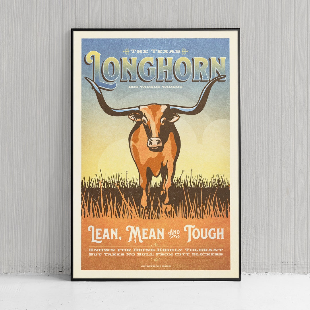 Retro Style Humorous Texas Longhorn Poster - Texas Longhorn Print ...