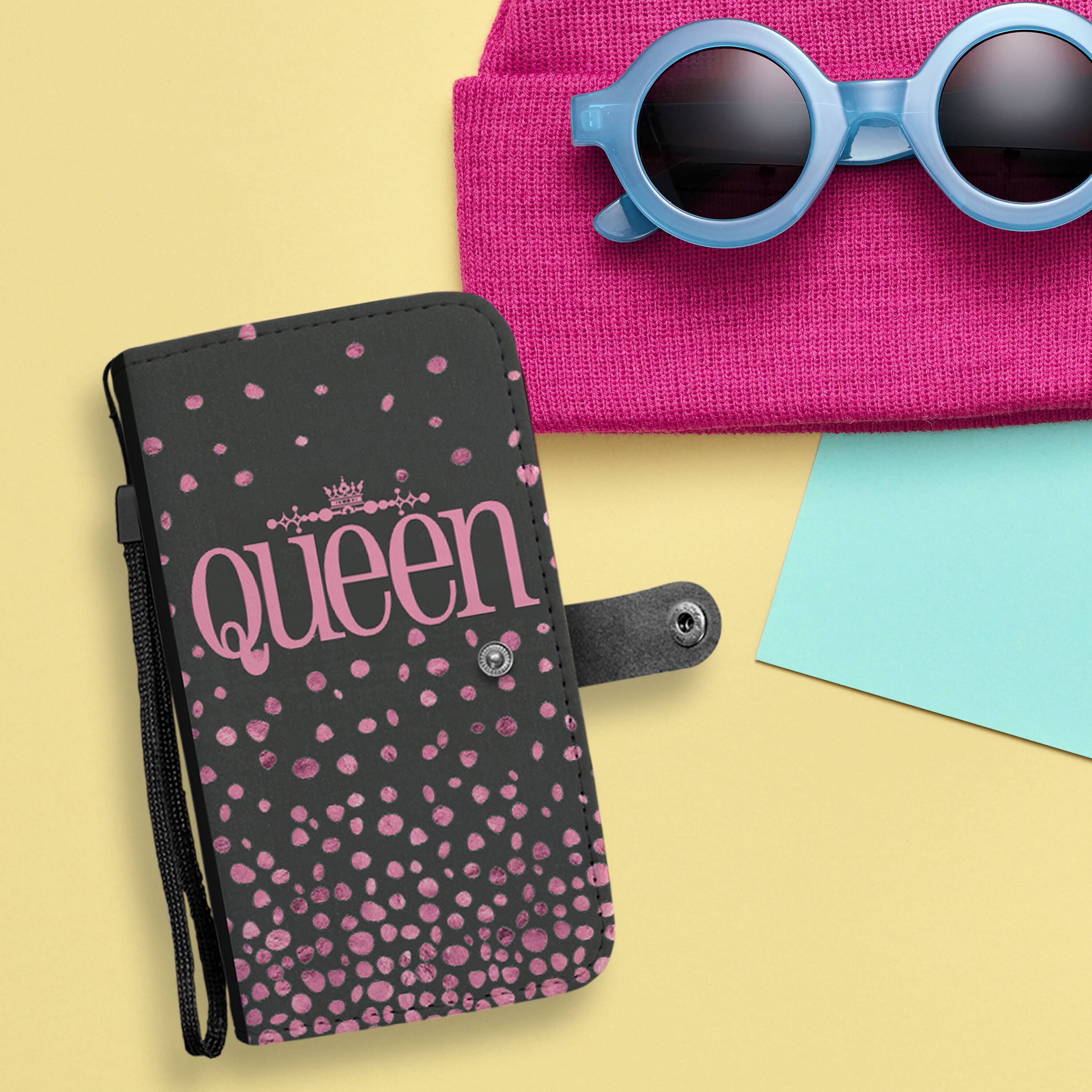 Queen Pink-black Phone Wallet With Detachable Strap Eco Friendly Faux ...