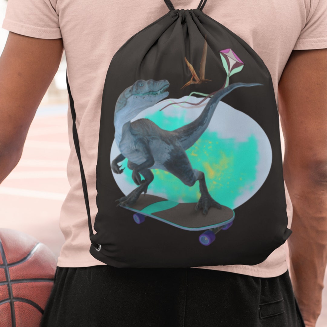 Dinosaur Drawstring Bag T-rex on Skateboard Dinosaur Backpack Dinosaur ...