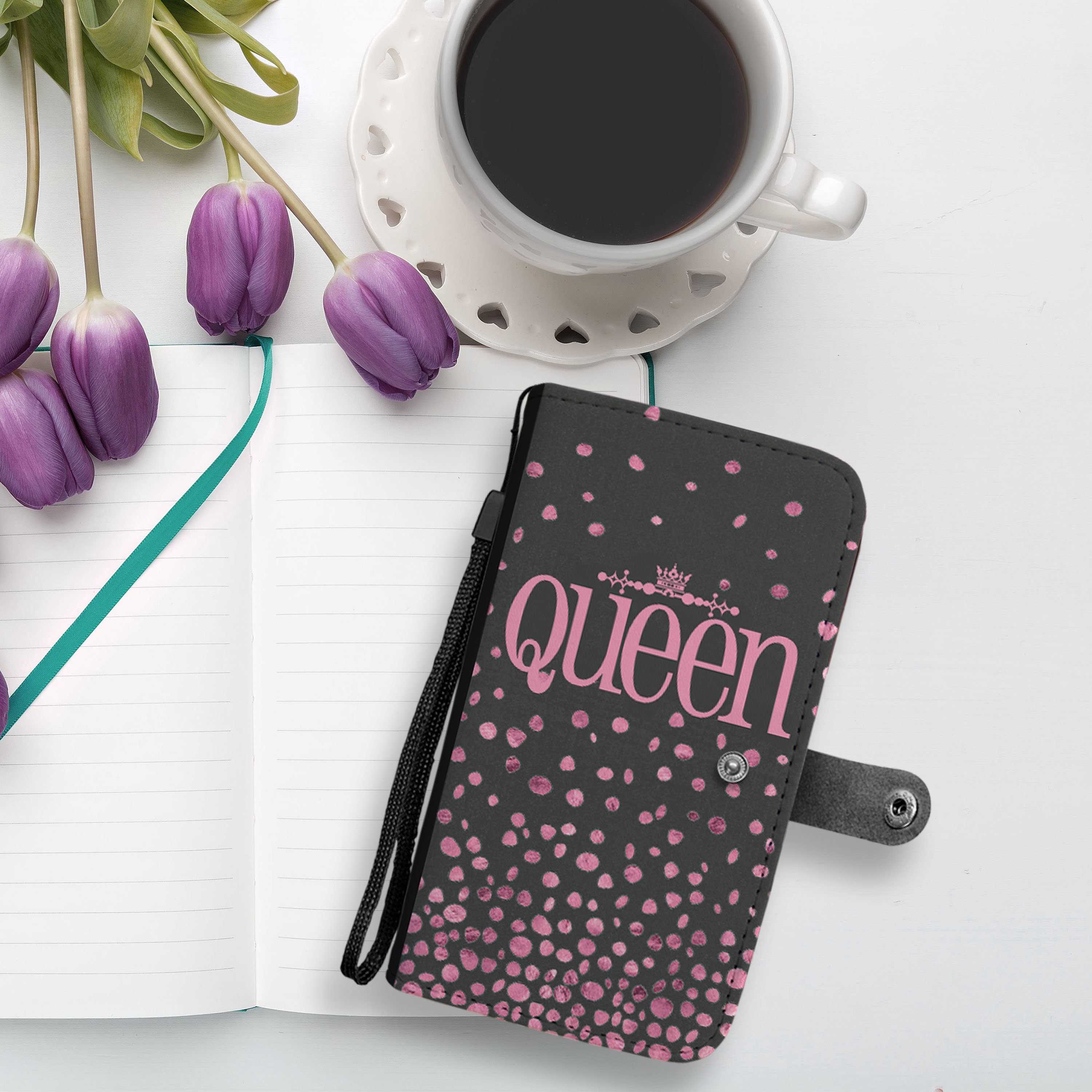 Queen Pink-black Phone Wallet With Detachable Strap Eco Friendly Faux ...