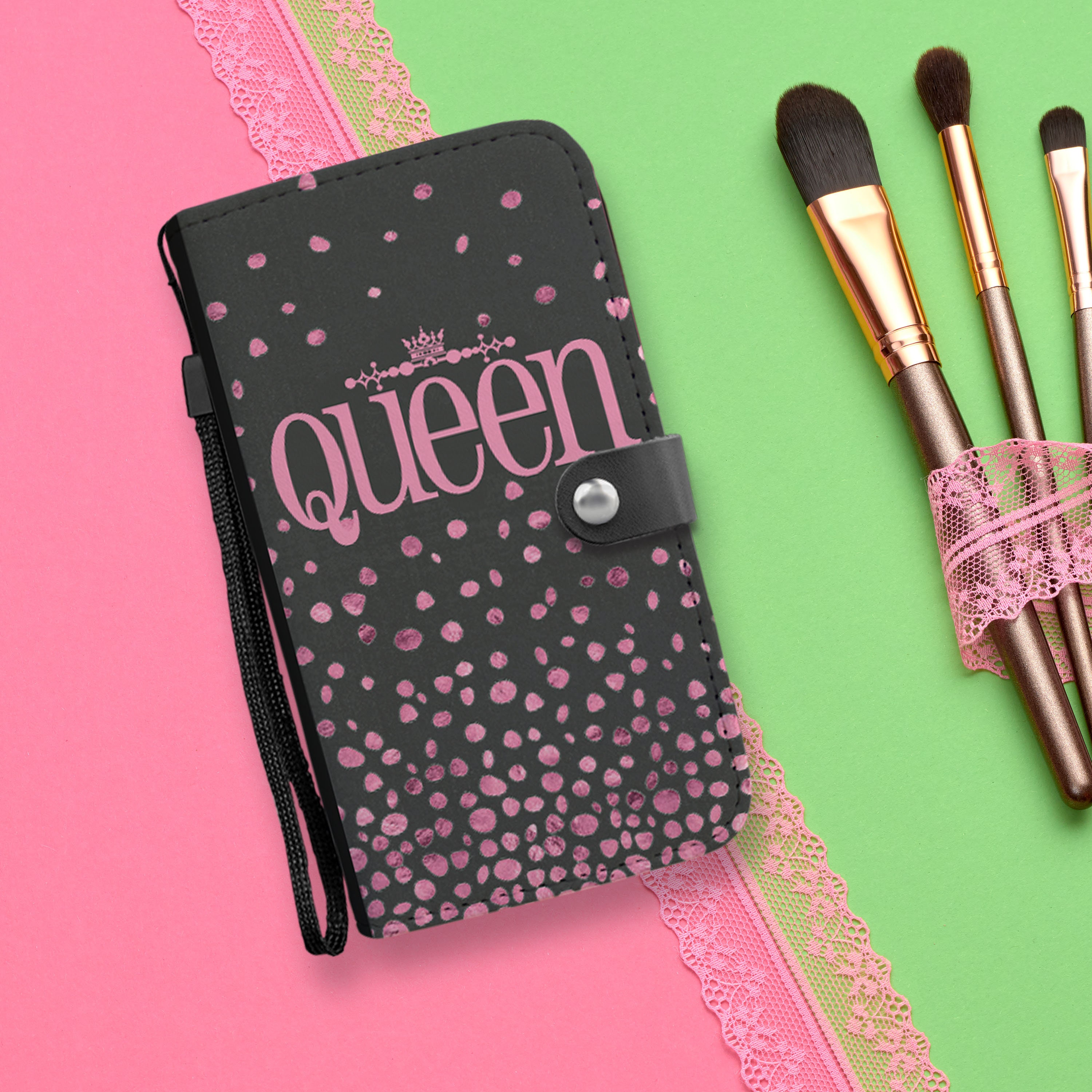 Queen Pink-black Phone Wallet With Detachable Strap Eco Friendly Faux ...