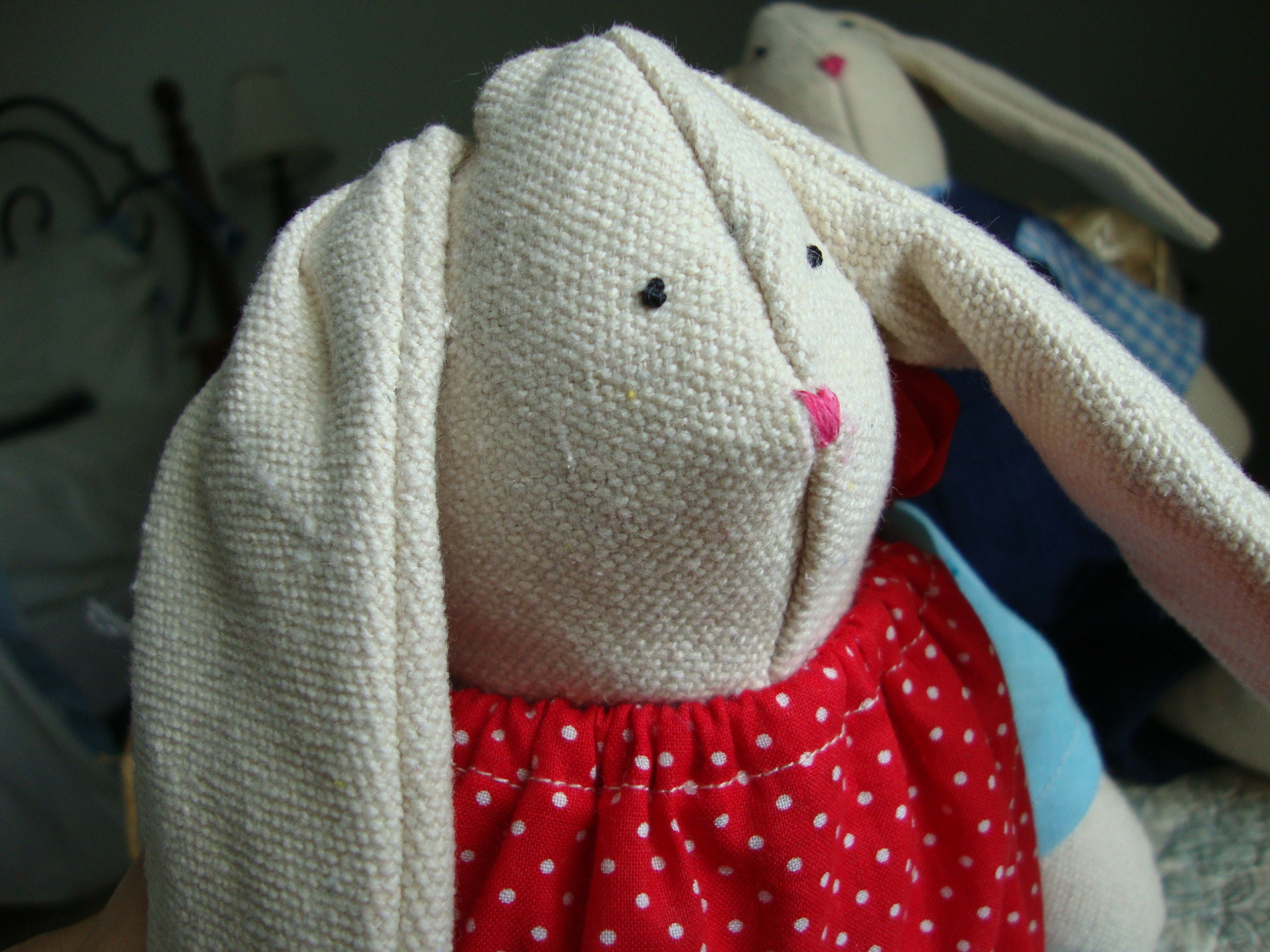 Rag Bunny Plush Stuffed Animal Cloth Rabbit Doll Calico Dress Polka Dot ...