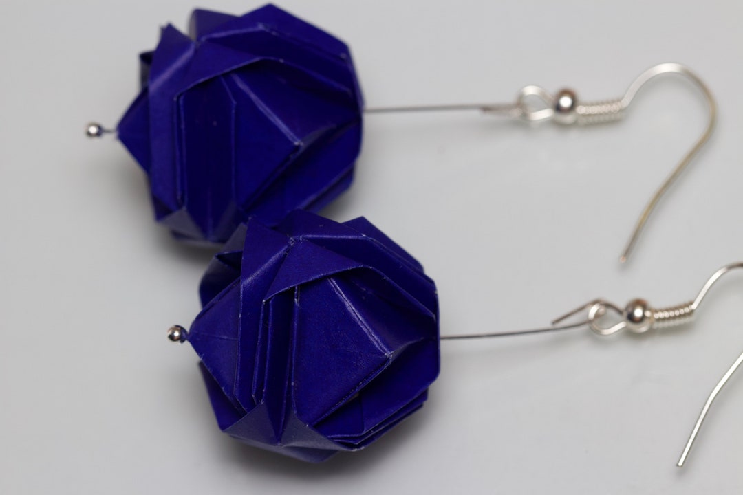 Midnight Blue Origami Earrings, Japanese Brocade, Mini Kusudama ...