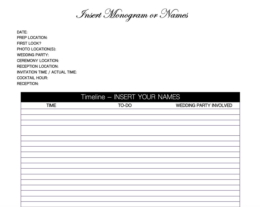 Wedding Day TIMELINE Template BLANK, Wedding Day Itinerary, Wedding ...