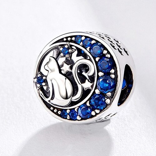 925 Sterling Silver Cat on the Blue Moon Charm Bead Fits - Etsy