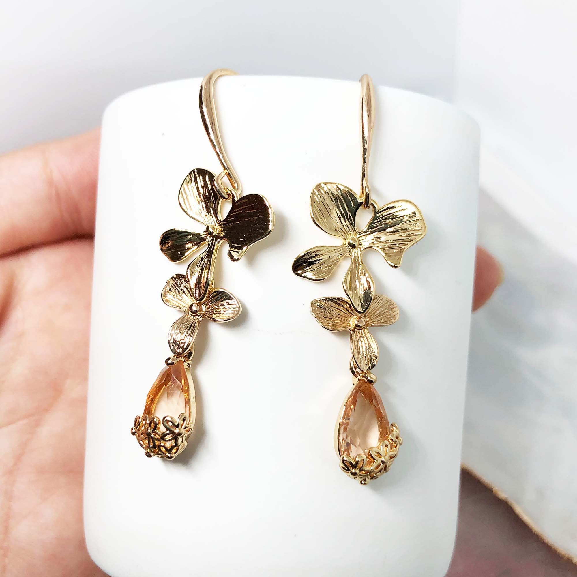 24k gold plate brass golden orchid flower dangle drop | Etsy