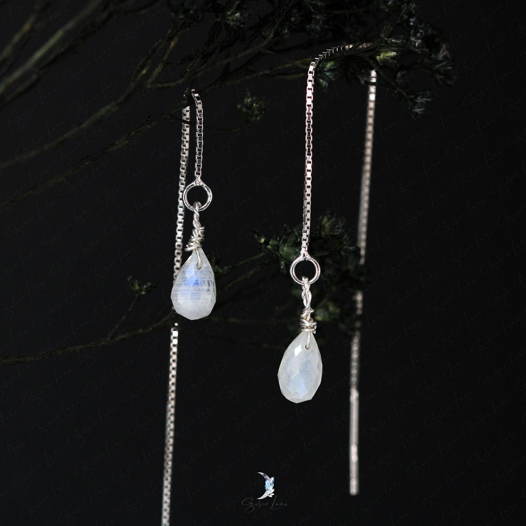 925 Sterling Silver Teardrop Moonstone Ear Threader Earrings, Tiny Water Drop Moonstone Ear ...
