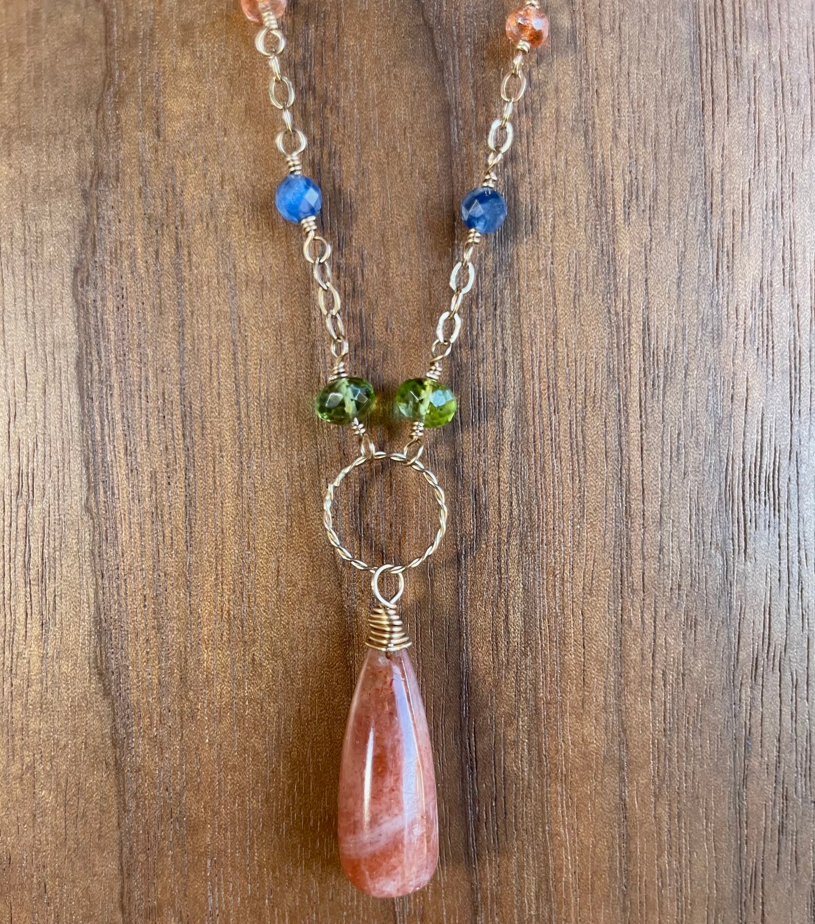 Sunstone Pendant Necklace Long With Green Peridot and Blue Kyanite in ...
