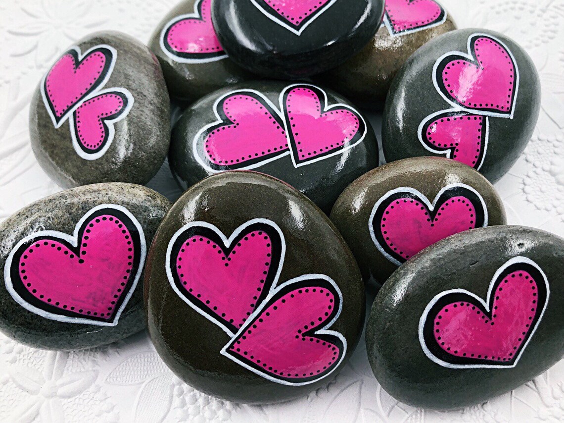 Pink Heart Stone Single or Double Heart Painted Rock Party | Etsy