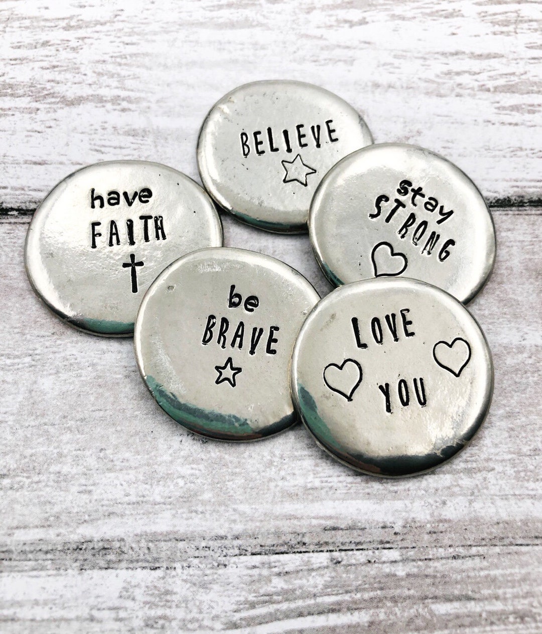 Set of 5 CUSTOM Pocket Coins, Hand Stamped Pewter Encouragement Tokens ...