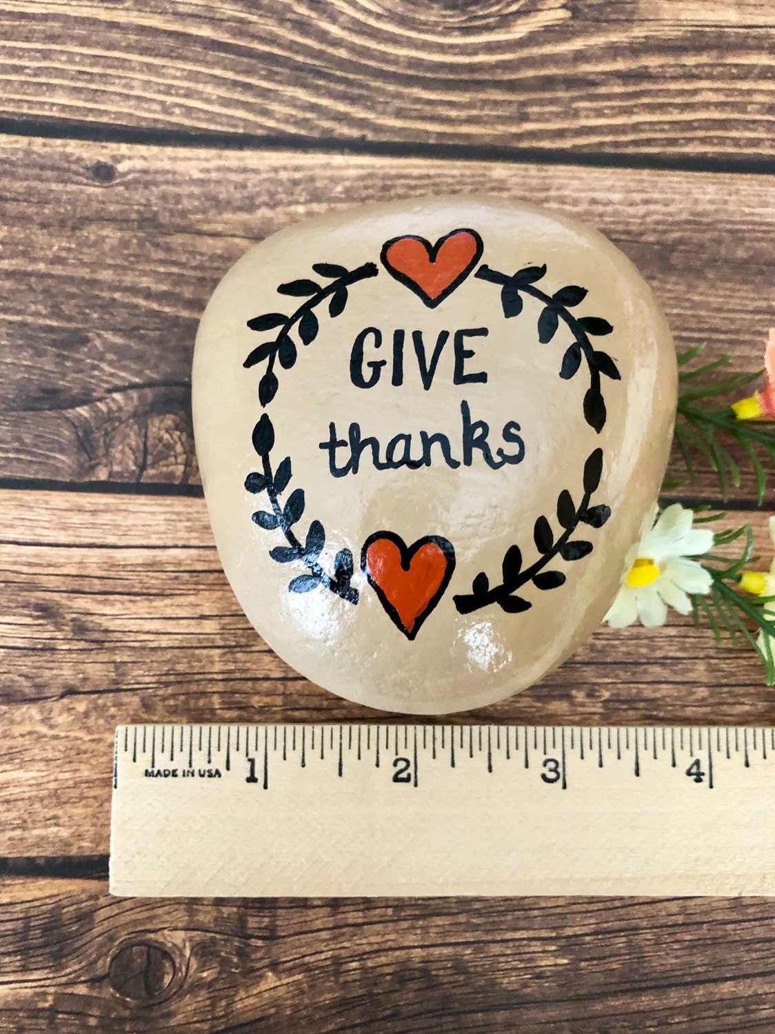 Give Thanks Painted Rock With Laurel, Thanksgiving Decoration, Give ...