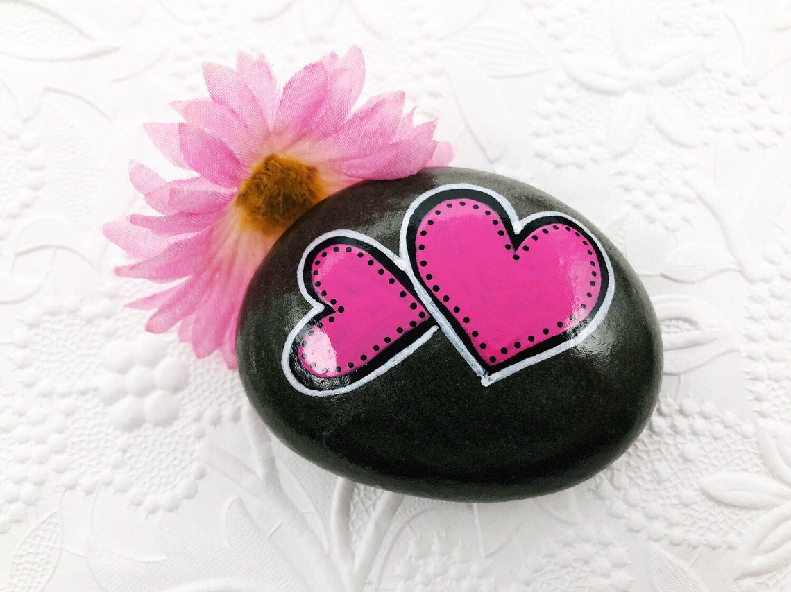 Pink Heart Stone, Single or Double Heart Painted Rock, Party Favors ...