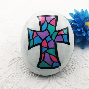 Stained Glass Cross Painted Rock: Hand-painted Stone Decor - Etsy