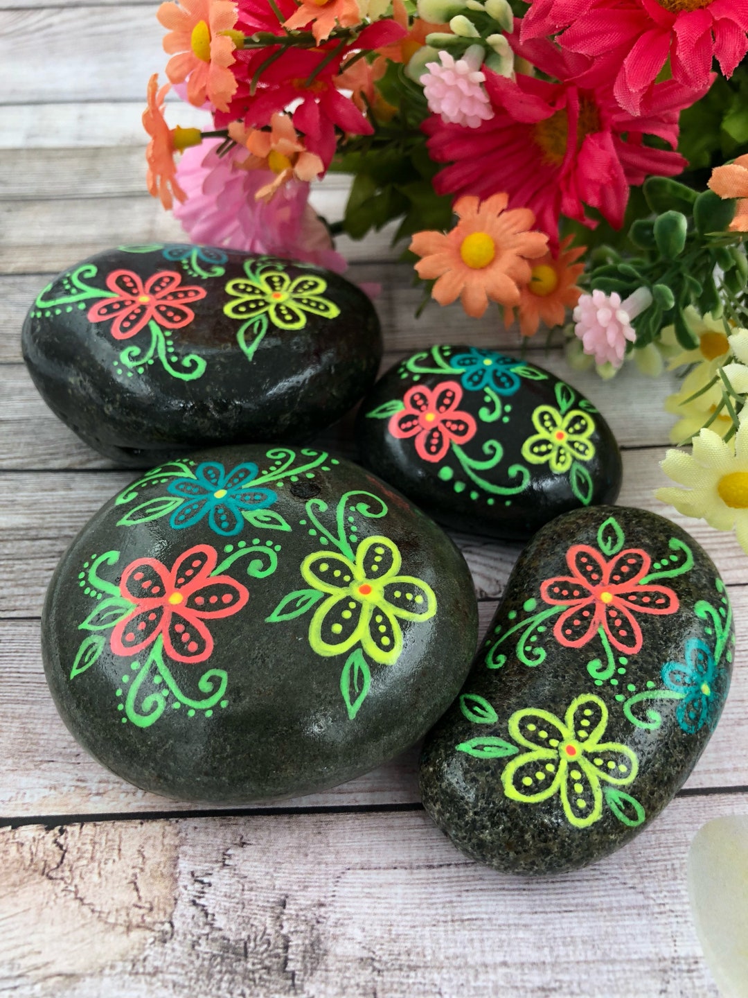 Hand-painted Rock: Neon Floral Design, Kindness Stone - Etsy